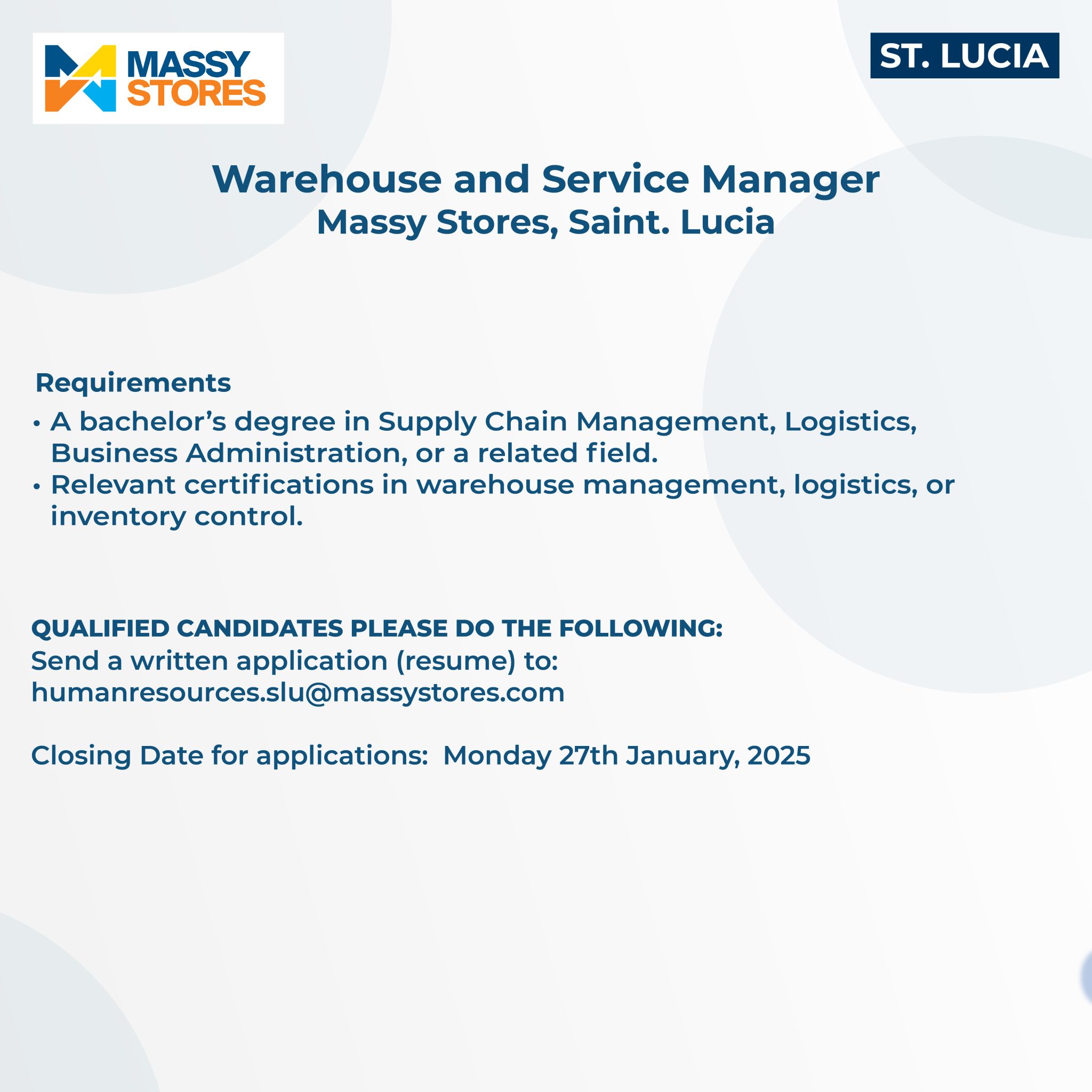 Warehouse and Service Manager – Massy Stores SLU
